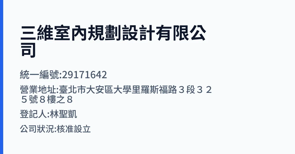 三維室內規劃設計有限公司 - 統編 29171642(臺北市) 公司登記資料與營業項目詳細圖表
