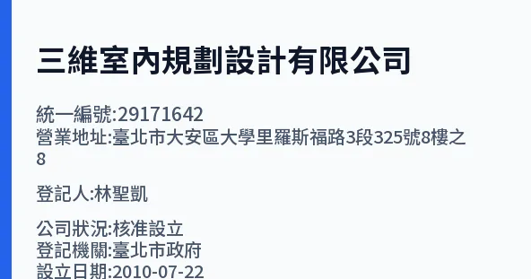 三維室內規劃設計有限公司的照片-統編 29171642(臺北市) 公司登記資料與營業項目詳細圖表
