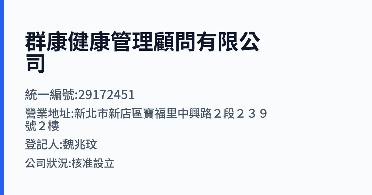群康健康管理顧問有限公司 - 統編 29172451(新北市) 公司登記資料與營業項目詳細圖表