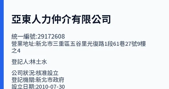 亞東人力仲介有限公司的照片-統編 29172608(新北市) 公司登記資料與營業項目詳細圖表