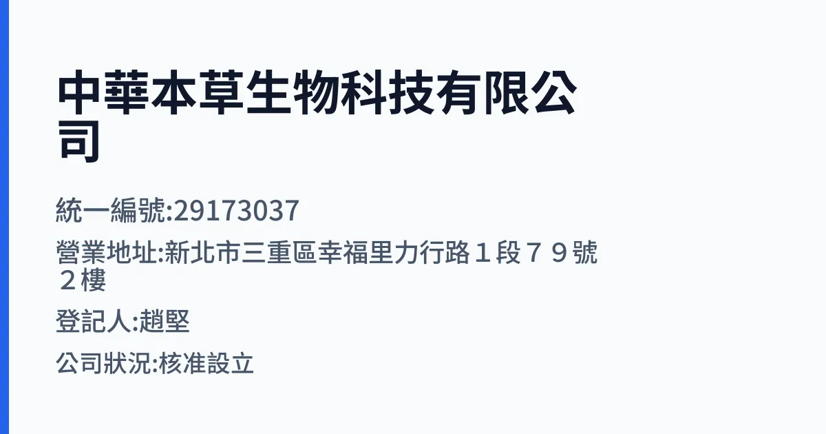 中華本草生物科技有限公司 - 統編 29173037(新北市) 公司登記資料與營業項目詳細圖表