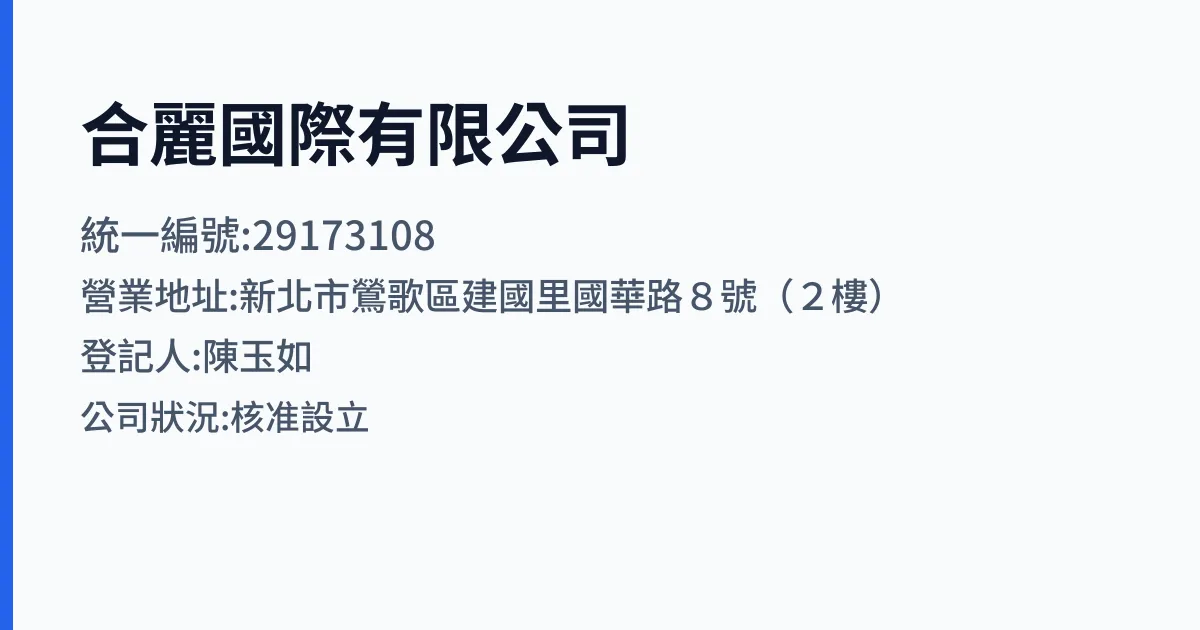 合麗國際有限公司 - 統編 29173108(新北市) 公司登記資料與營業項目詳細圖表