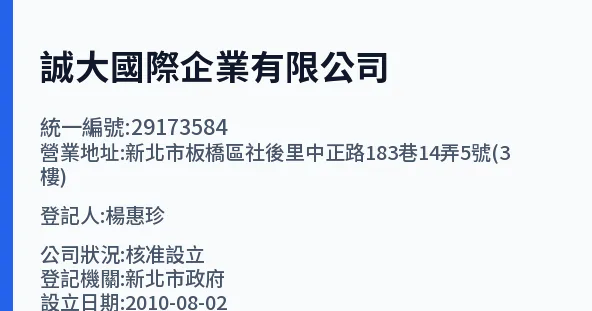 誠大國際企業有限公司的照片-統編 29173584(新北市) 公司登記資料與營業項目詳細圖表
