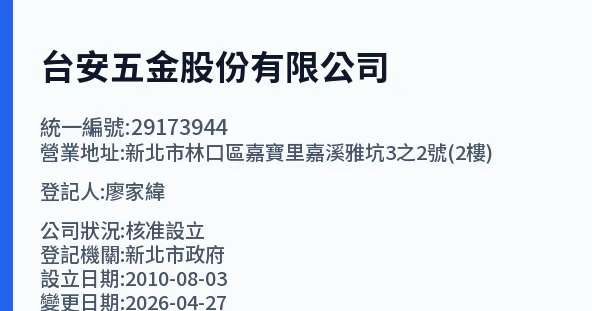 台安五金股份有限公司的照片-統編 29173944(新北市) 公司登記資料與營業項目詳細圖表