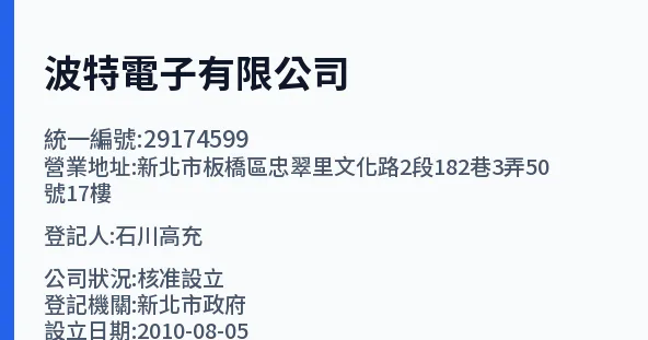 波特電子有限公司的照片-統編 29174599(新北市) 公司登記資料與營業項目詳細圖表