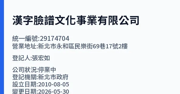 漢字臉譜文化事業有限公司的照片-統編 29174704(新北市) 公司登記資料與營業項目詳細圖表