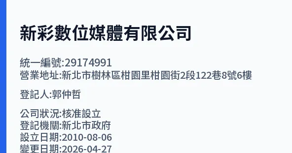 新彩數位媒體有限公司的照片-統編 29174991(新北市) 公司登記資料與營業項目詳細圖表