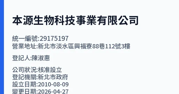 本源生物科技事業有限公司的照片-統編 29175197(新北市) 公司登記資料與營業項目詳細圖表