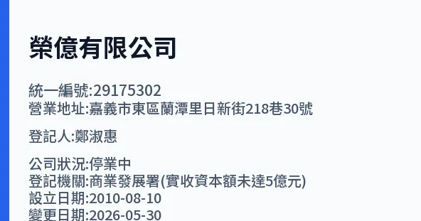 榮億有限公司的照片-統編 29175302(嘉義市) 公司登記資料與營業項目詳細圖表