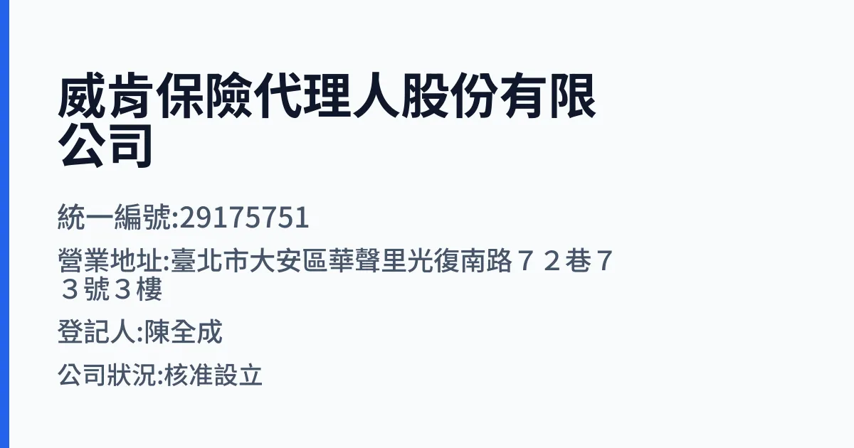 威肯保險代理人股份有限公司 - 統編 29175751（臺北市） 公司登記資料與營業項目詳細圖表