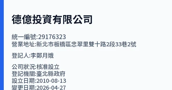 德億投資有限公司的照片-統編 29176323(新北市) 公司登記資料與營業項目詳細圖表