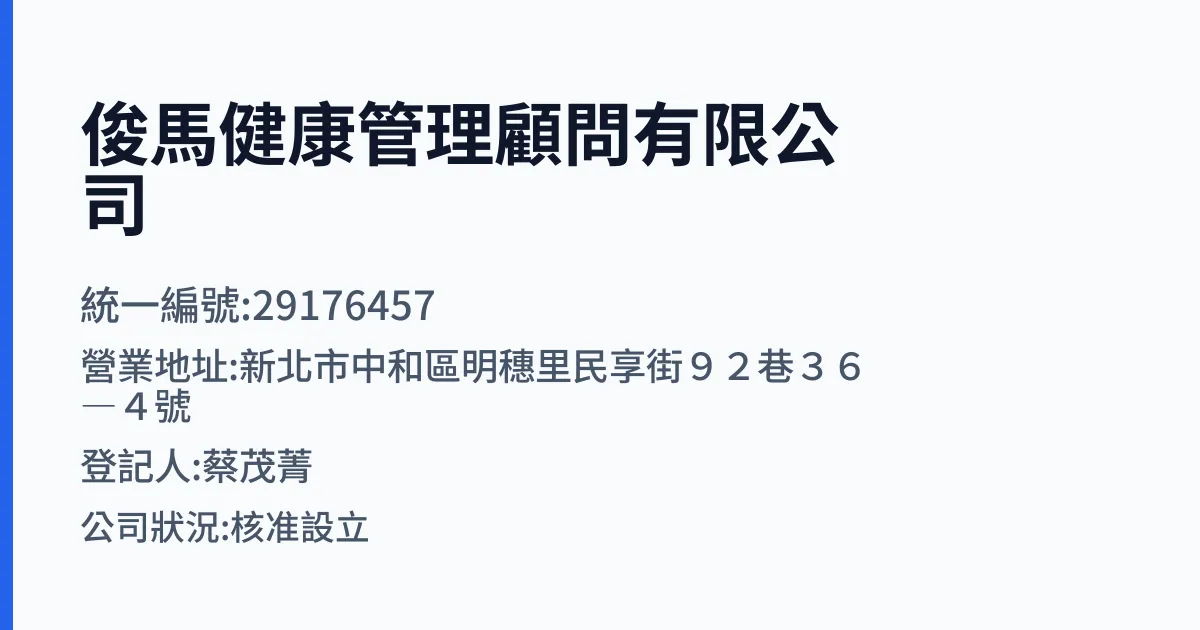 俊馬健康管理顧問有限公司 - 統編 29176457(新北市) 公司登記資料與營業項目詳細圖表