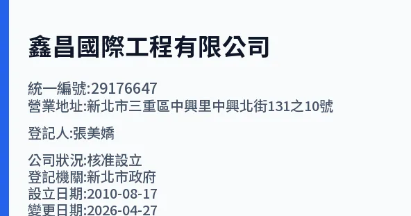 鑫昌國際工程有限公司的照片-統編 29176647(新北市) 公司登記資料與營業項目詳細圖表
