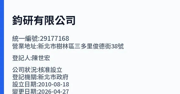 鈞研有限公司的照片-統編 29177168(新北市) 公司登記資料與營業項目詳細圖表