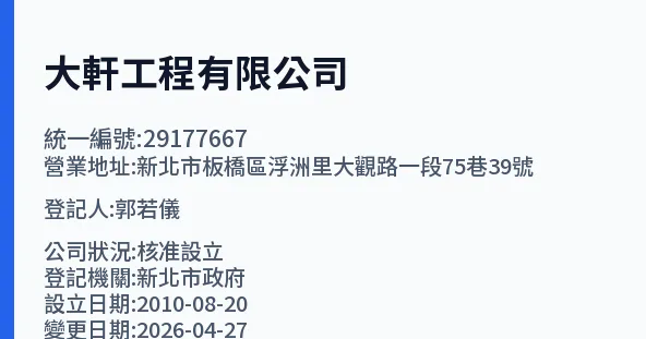 大軒工程有限公司的照片-統編 29177667(新北市) 公司登記資料與營業項目詳細圖表