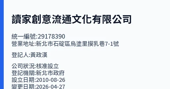 讀家創意流通文化有限公司的照片-統編 29178390(新北市) 公司登記資料與營業項目詳細圖表