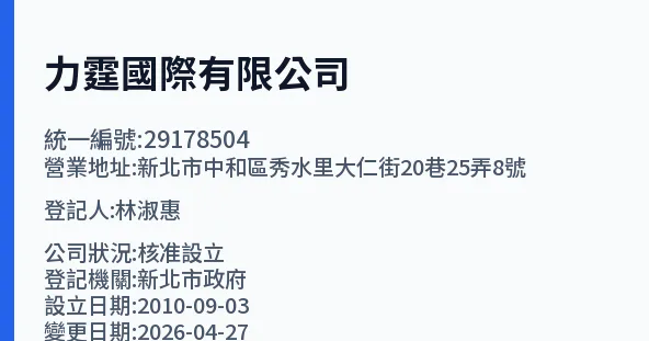 力霆國際有限公司的照片-統編 29178504(新北市) 公司登記資料與營業項目詳細圖表