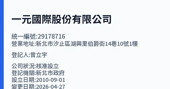 一元國際股份有限公司的照片-統編 29178716(新北市) 公司登記資料與營業項目詳細圖表