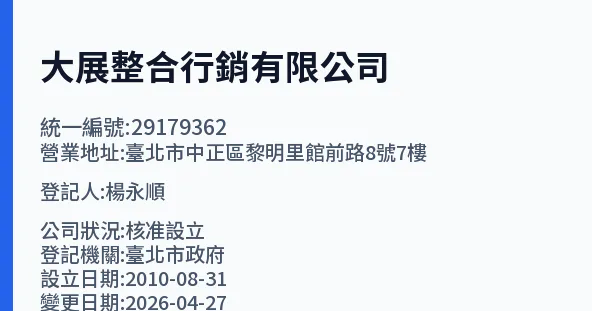 大展整合行銷有限公司的照片-統編 29179362(臺北市) 公司登記資料與營業項目詳細圖表