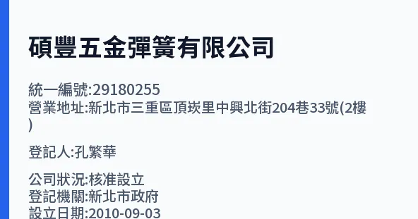 碩豐五金彈簧有限公司的照片-統編 29180255(新北市) 公司登記資料與營業項目詳細圖表