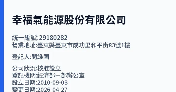 幸福氣能源股份有限公司的照片-統編 29180282(臺東縣) 公司登記資料與營業項目詳細圖表