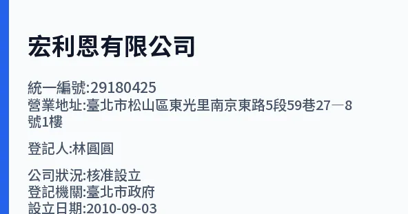 宏利恩有限公司的照片-統編 29180425(臺北市) 公司登記資料與營業項目詳細圖表