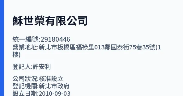 穌世榮有限公司的照片-統編 29180446(新北市) 公司登記資料與營業項目詳細圖表