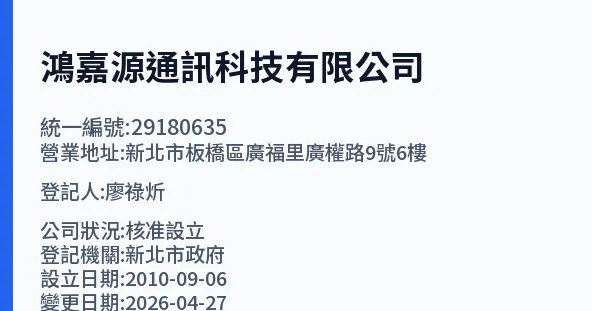 鴻嘉源通訊科技有限公司的照片-統編 29180635(新北市) 公司登記資料與營業項目詳細圖表
