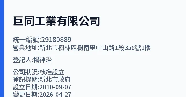 巨同工業有限公司的照片-統編 29180889(新北市) 公司登記資料與營業項目詳細圖表