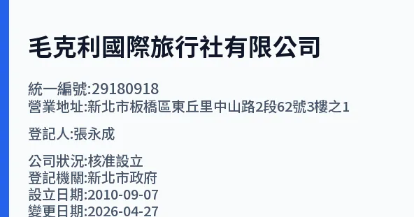 毛克利國際旅行社有限公司的照片-統編 29180918(新北市) 公司登記資料與營業項目詳細圖表
