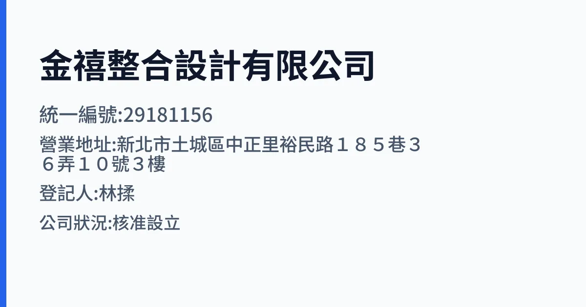 金禧整合設計有限公司 - 統編 29181156(新北市) 公司登記資料與營業項目詳細圖表