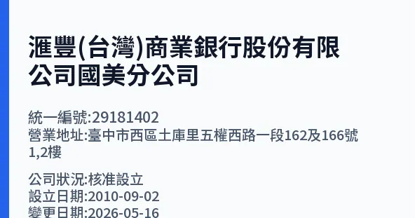 滙豐(台灣)商業銀行股份有限公司國美分公司的照片-統編 29181402(臺中市) 公司登記資料與營業項目詳細圖表