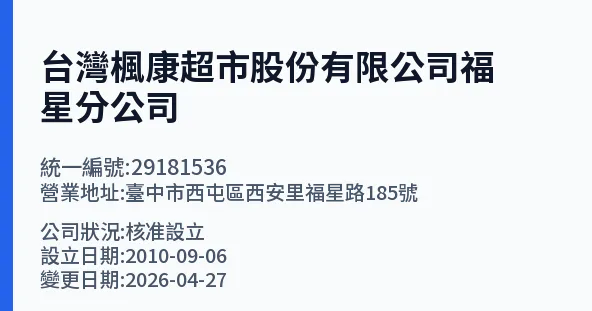 台灣楓康超市股份有限公司福星分公司的照片-統編 29181536(臺中市) 公司登記資料與營業項目詳細圖表