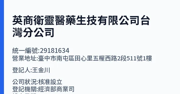 英商衛靈醫藥生技有限公司台灣分公司的照片-統編 29181634(臺中市) 公司登記資料與營業項目詳細圖表