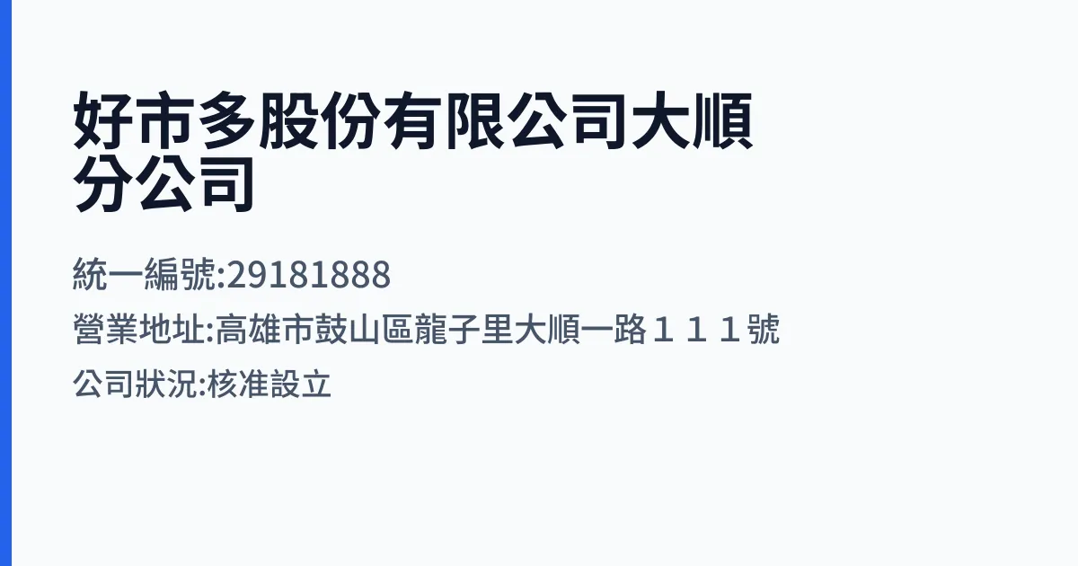 好市多股份有限公司大順分公司 - 統編 29181888(高雄市) 公司登記資料與營業項目詳細圖表