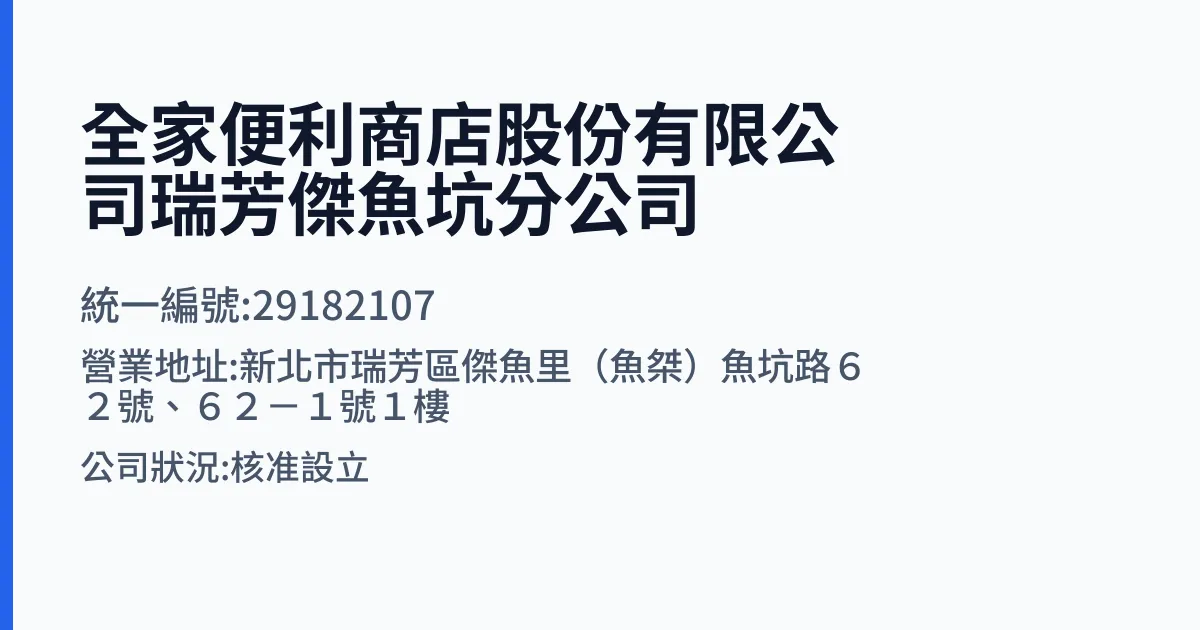 全家便利商店股份有限公司瑞芳傑魚坑分公司 - 統編 29182107(新北市) 公司登記資料與營業項目詳細圖表