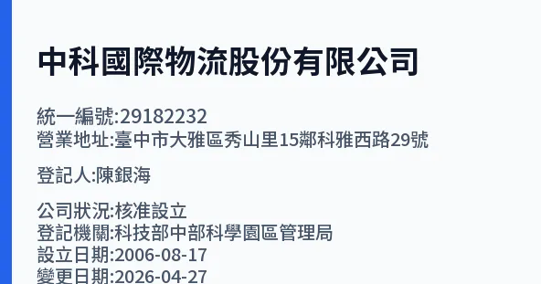 中科國際物流股份有限公司的照片-統編 29182232(臺中市) 公司登記資料與營業項目詳細圖表