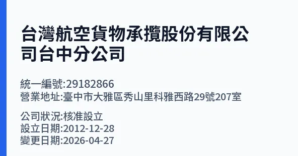 台灣航空貨物承攬股份有限公司台中分公司的照片-統編 29182866(臺中市) 公司登記資料與營業項目詳細圖表