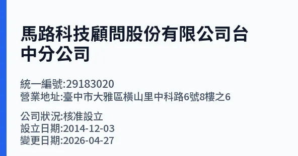 馬路科技顧問股份有限公司台中分公司的照片-統編 29183020(臺中市) 公司登記資料與營業項目詳細圖表