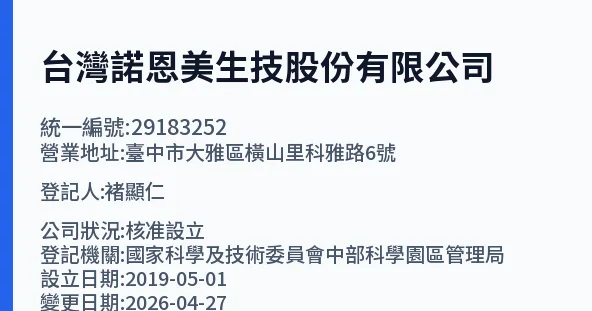 台灣諾恩美生技股份有限公司的照片-統編 29183252(臺中市) 公司登記資料與營業項目詳細圖表