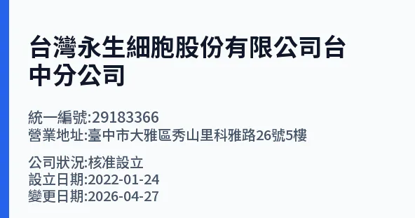 台灣永生細胞股份有限公司台中分公司的照片-統編 29183366(臺中市) 公司登記資料與營業項目詳細圖表