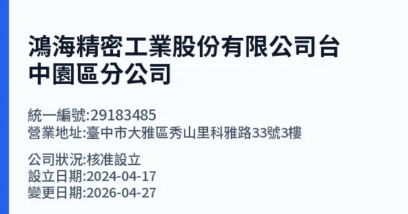 鴻海精密工業股份有限公司台中園區分公司的照片-統編 29183485(臺中市) 公司登記資料與營業項目詳細圖表