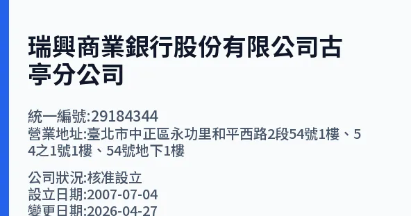 瑞興商業銀行股份有限公司古亭分公司的照片-統編 29184344(臺北市) 公司登記資料與營業項目詳細圖表