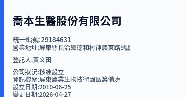 喬本生醫股份有限公司的照片-統編 29184631(屏東縣) 公司登記資料與營業項目詳細圖表