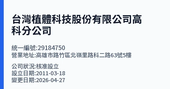 台灣植體科技股份有限公司高科分公司的照片-統編 29184750(高雄市) 公司登記資料與營業項目詳細圖表