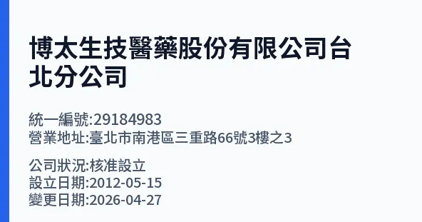 博太生技醫藥股份有限公司台北分公司的照片-統編 29184983(臺北市) 公司登記資料與營業項目詳細圖表