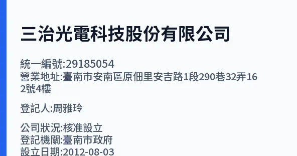 三治光電科技股份有限公司的照片-統編 29185054(臺南市) 公司登記資料與營業項目詳細圖表