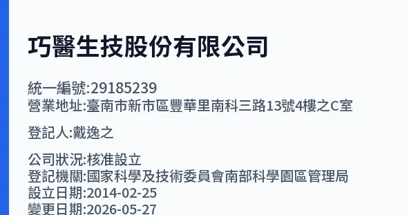 巧醫生技股份有限公司的照片-統編 29185239(臺南市) 公司登記資料與營業項目詳細圖表