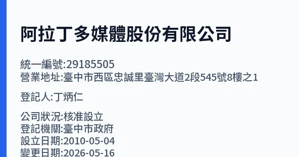 阿拉丁多媒體股份有限公司的照片-統編 29185505(臺中市) 公司登記資料與營業項目詳細圖表