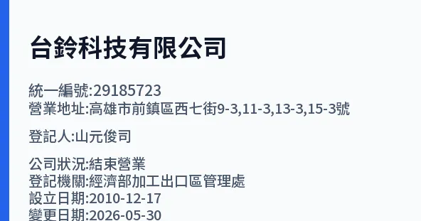 台鈴科技有限公司的照片-統編 29185723(高雄市) 公司登記資料與營業項目詳細圖表